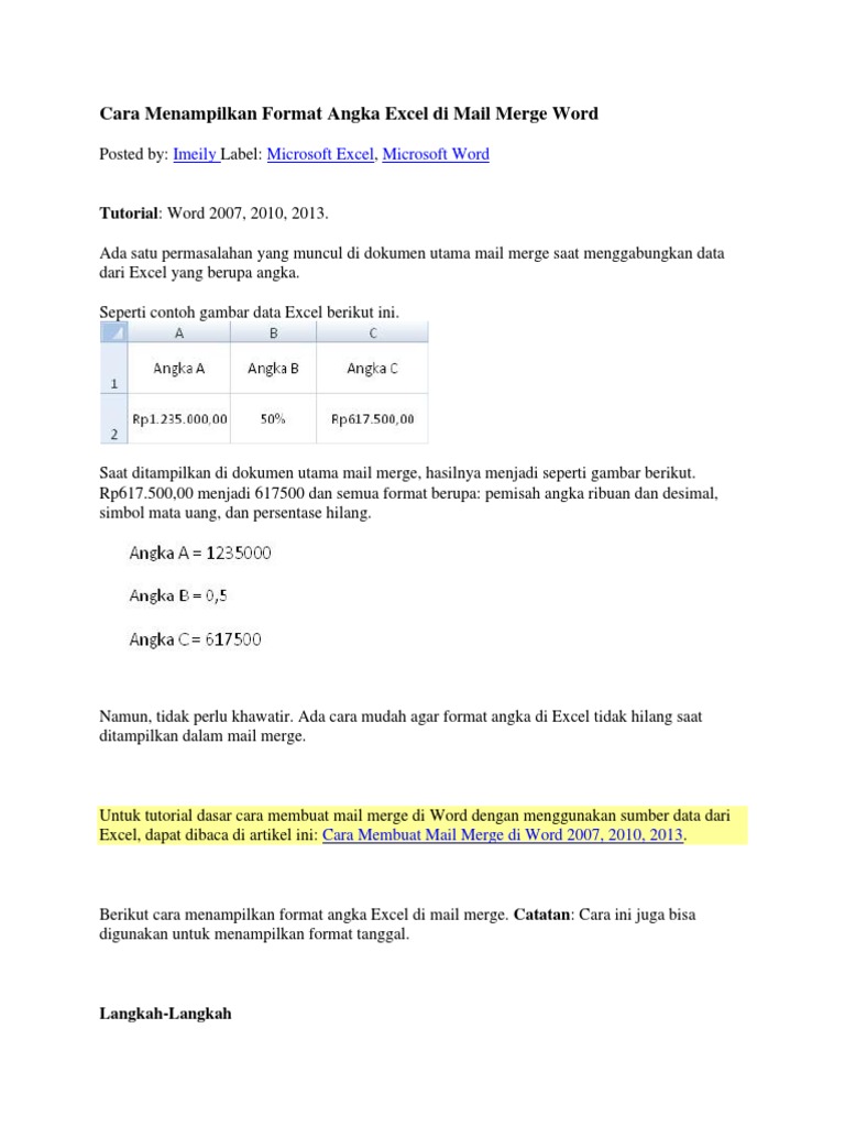 Cara Menampilkan Format Angka Excel Di Mail Merge Word | PDF