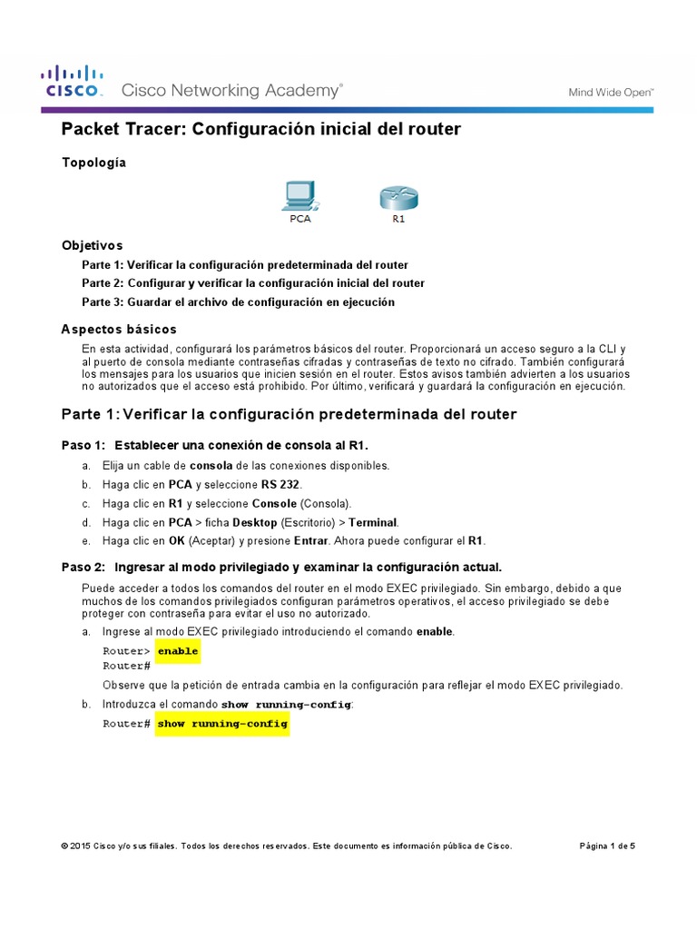 6.4.1.3 Packet Tracer - Configure Initial Router Settings PDF | PDF | Archivo de computadora ...