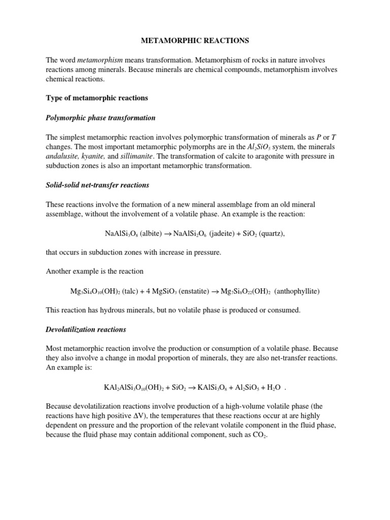 Lecture 10 - Metamorphic Reactions & Facies | PDF | Minerals | Phase Rule