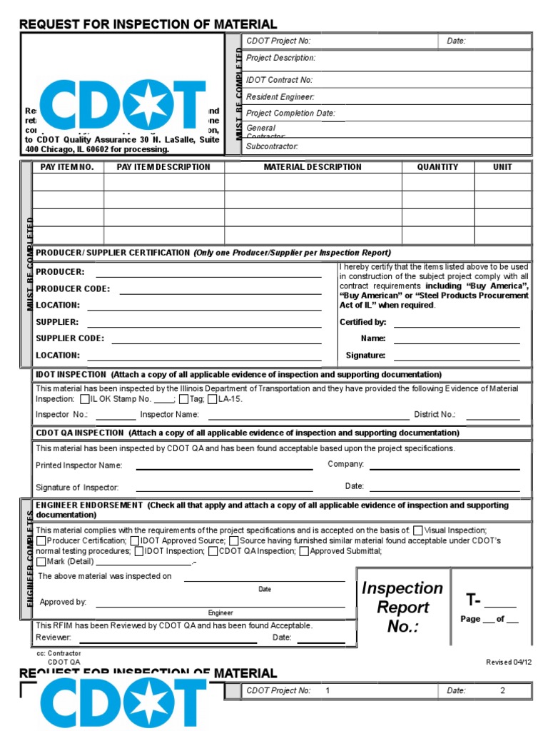 Request for Inspection of Material | Specification (Technical Standard ...