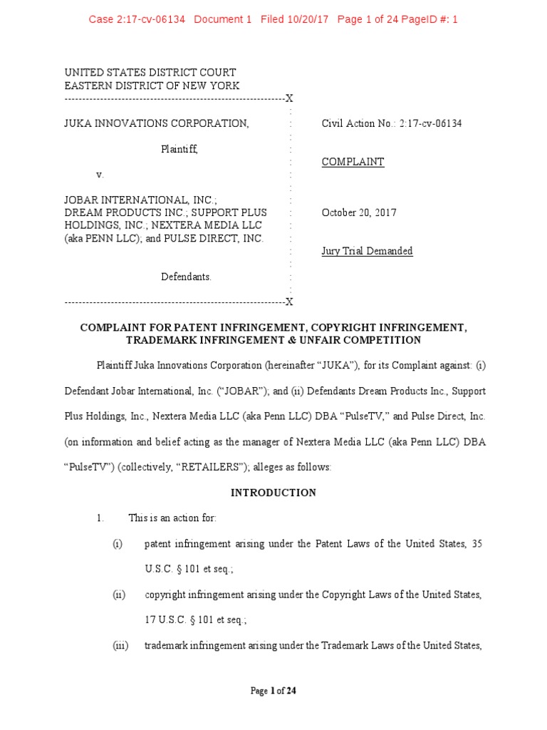 Juka Innovations v. Jobar - Complaint | PDF | Trademark | Complaint