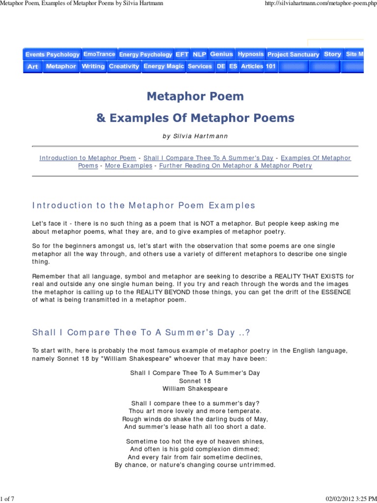 Metaphor Poem, Examples of Metaphor Poems by Silvia Hartmann | PDF ...