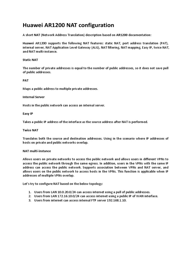 Huawei Ar1200 Nat Configuration PDF | PDF | Ip Address | File Transfer ...