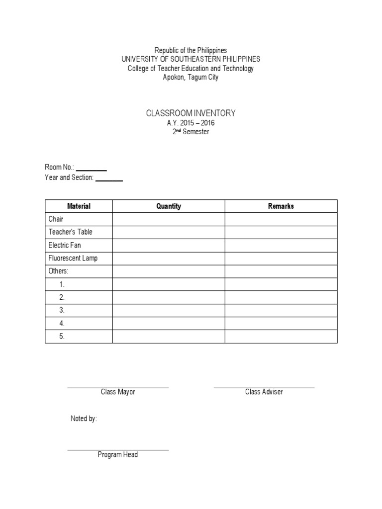 Classroom Inventory: Material Quantity Remarks | PDF