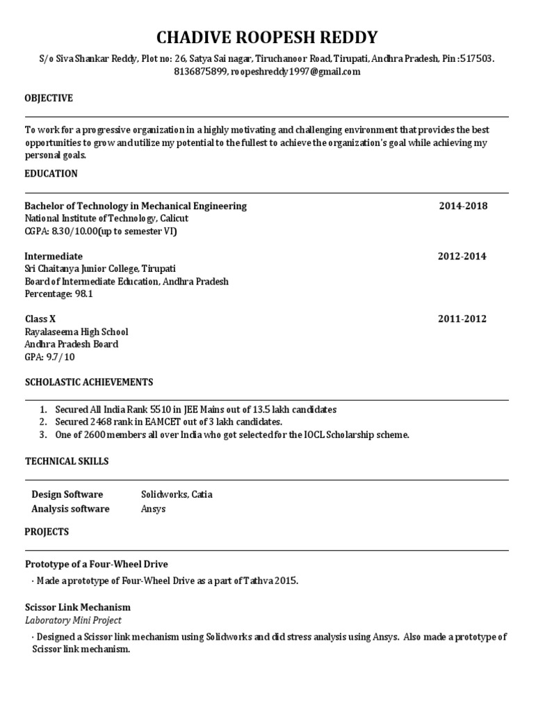 Resume of Chadive Roopesh Reddy Seeking a Challenging Career in ...
