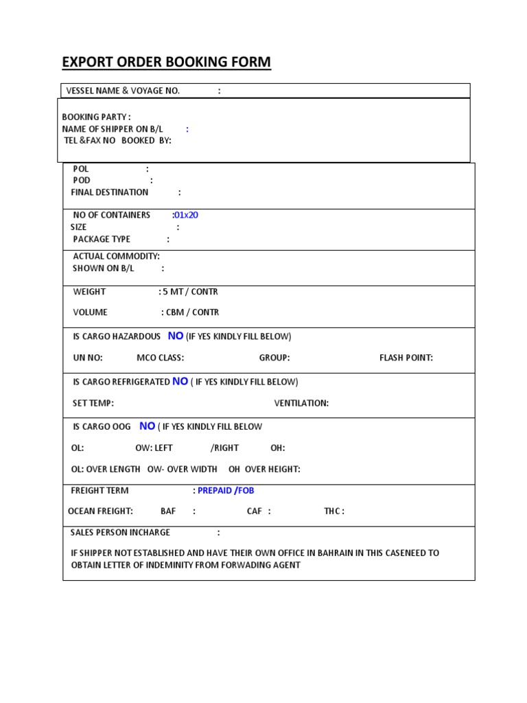 Export Shipping Booking Form | PDF | Law
