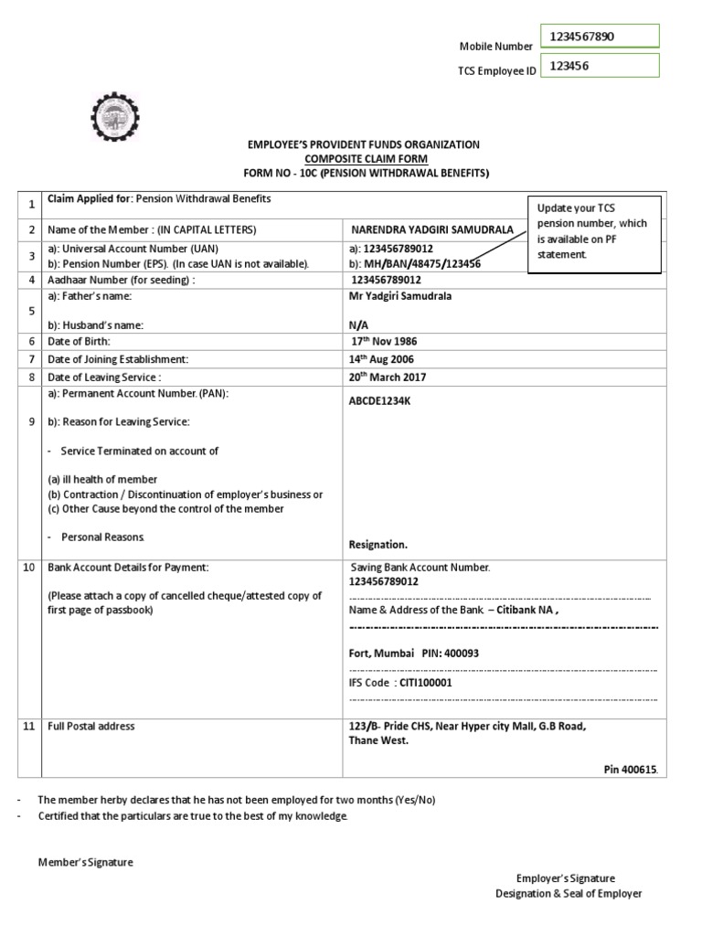 TCS Employee Pension Withdrawal Form | PDF | Pension | Payments