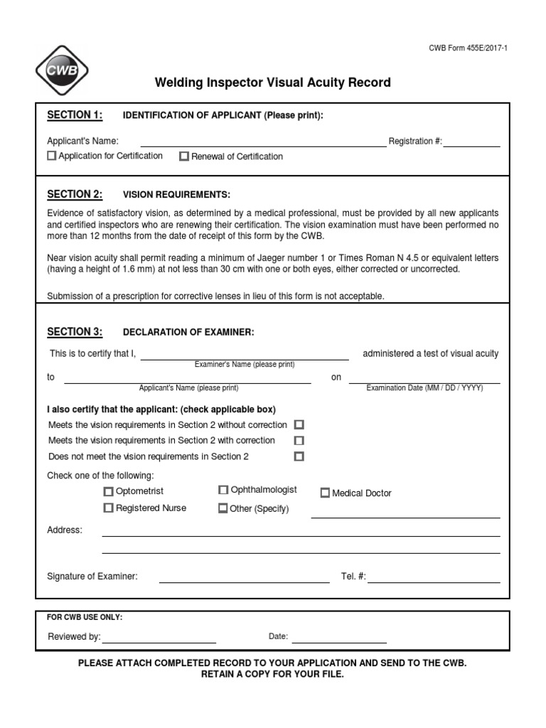 0455e - Welding Inspector Visual Acuity Record PDF | PDF