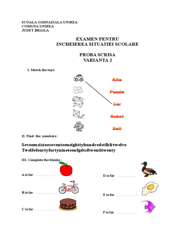Examen Pentru Incheierea Situatiei Scolare Proba Scrisa Varianta 2 ...