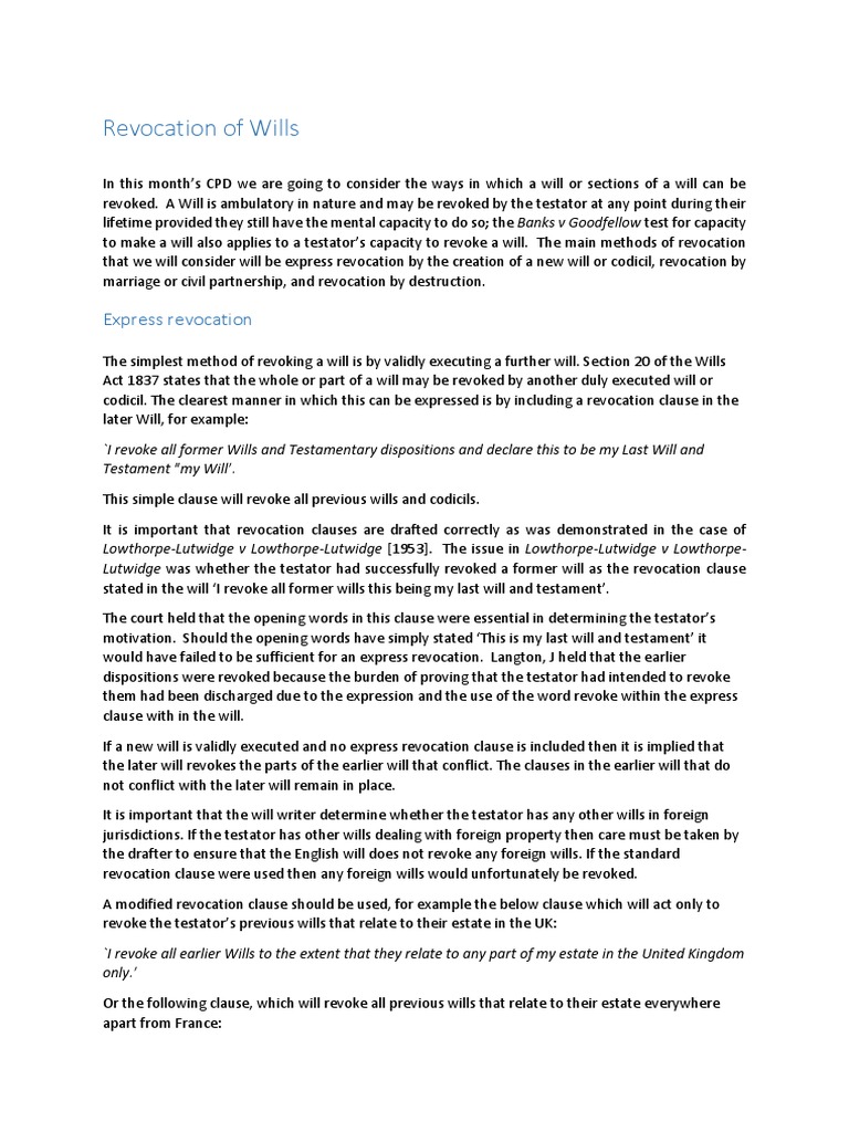 Revocation of Wills 1 | PDF | Will And Testament | Natural Resources Law