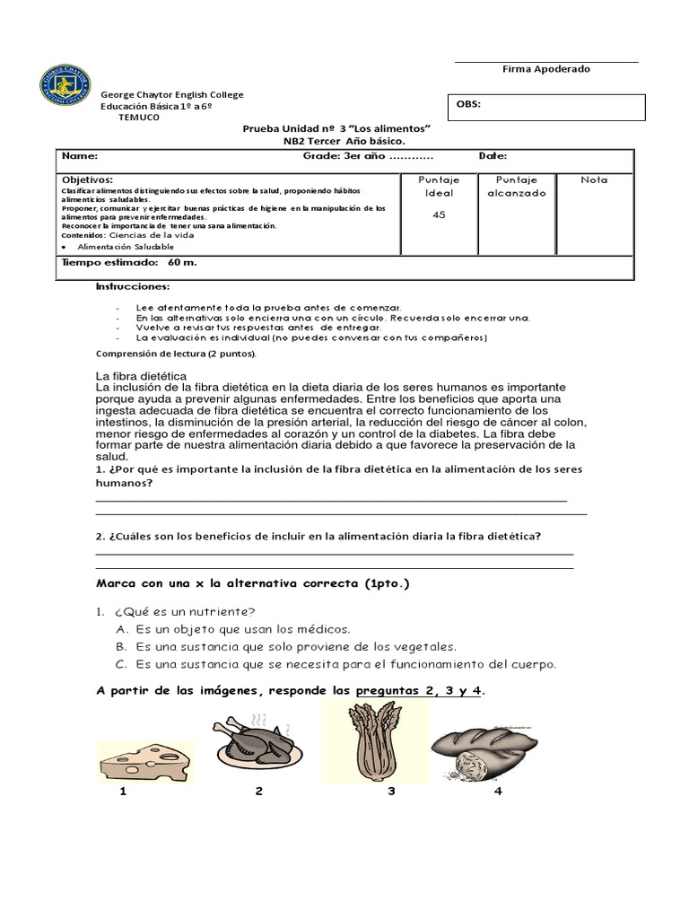 Prueba Ciencias Unidad2 Alimentacion | PDF | Nutrientes | Alimentos