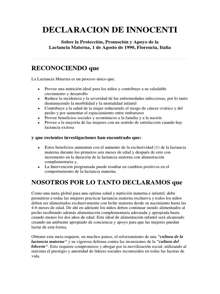 Declaracion Innocenti 1990 Pdf Pdf Amamantamiento Salud Pública