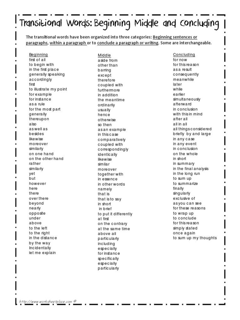 Transitional Words Worksheet PDF | PDF | Paragraph | Cognitive Science