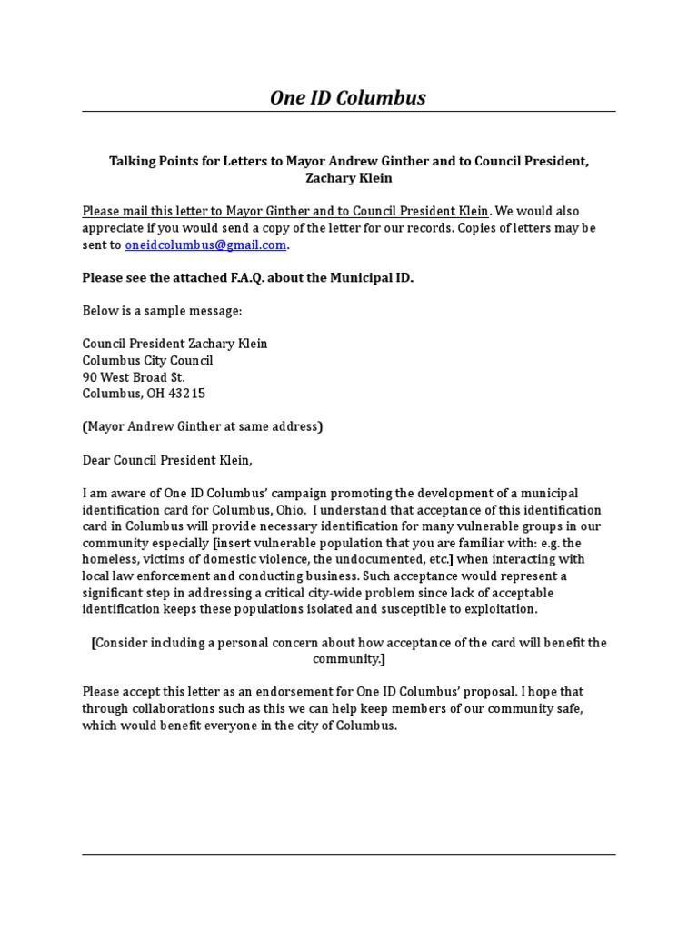 Letter of Support Community ID to Columbus Mayor and City Council President