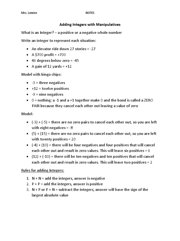 Notes Add Integers With Manipulatives | PDF
