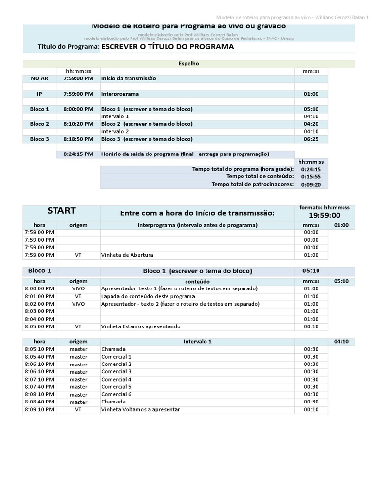 Modelo Roteiro para Programa Ao Vivo - Ate 3 Blocos | PDF | Programas de televisão | Séries para TV