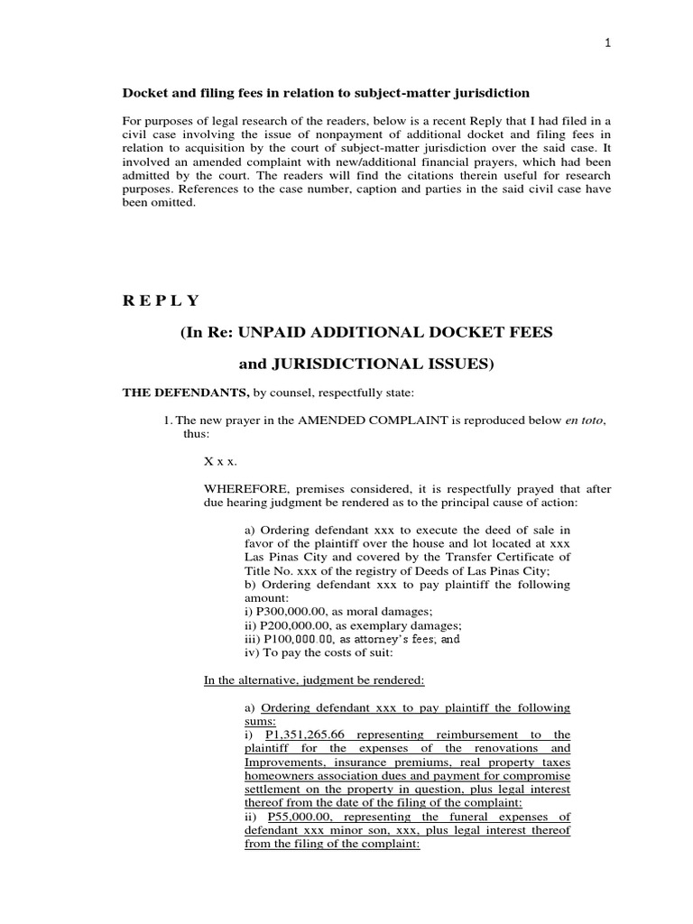 Reply (In Re: Unpaid Additional Docket Fees And Jurisdictional Issues)