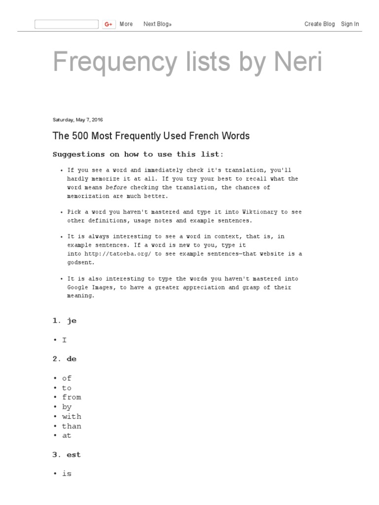 Frequency Lists by Neri: The 500 Most Frequently Used French Words ...