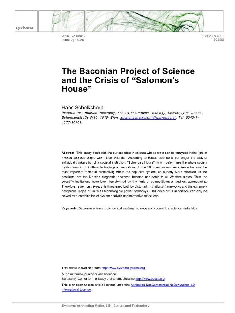 The Baconian Project of Science and The Crisis of "Salomon's House ...