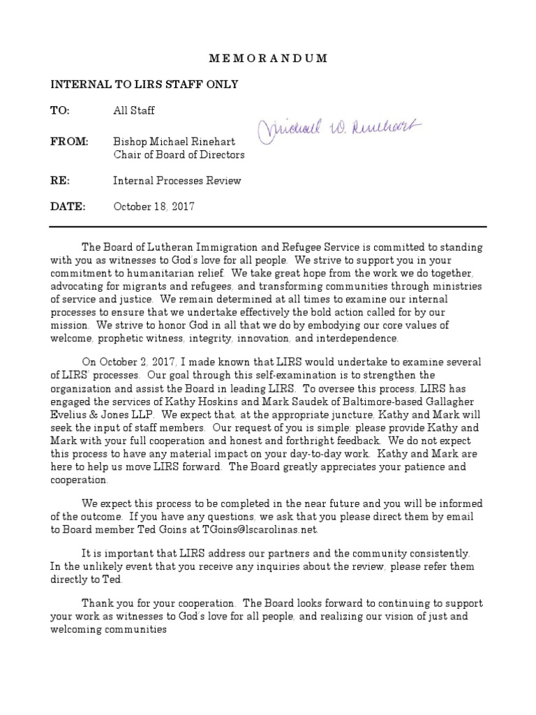 10-18-17 Memorandum To Staff Re Internal Investigation | PDF