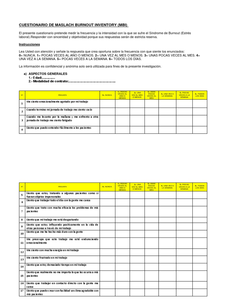 Cuestionario de Maslach Burnout Inventory - Propuesta | PDF | Burnout ...