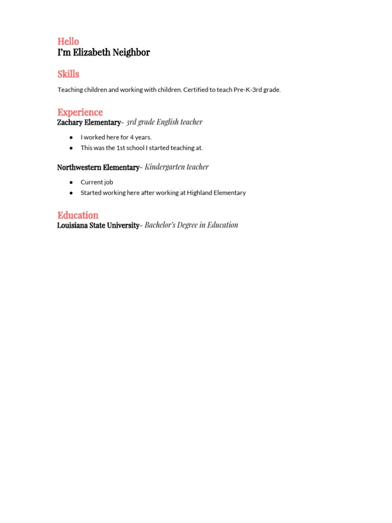 Elizabeth Neighbor: Pre-K-3 Teacher Profile | PDF | Language Arts ...