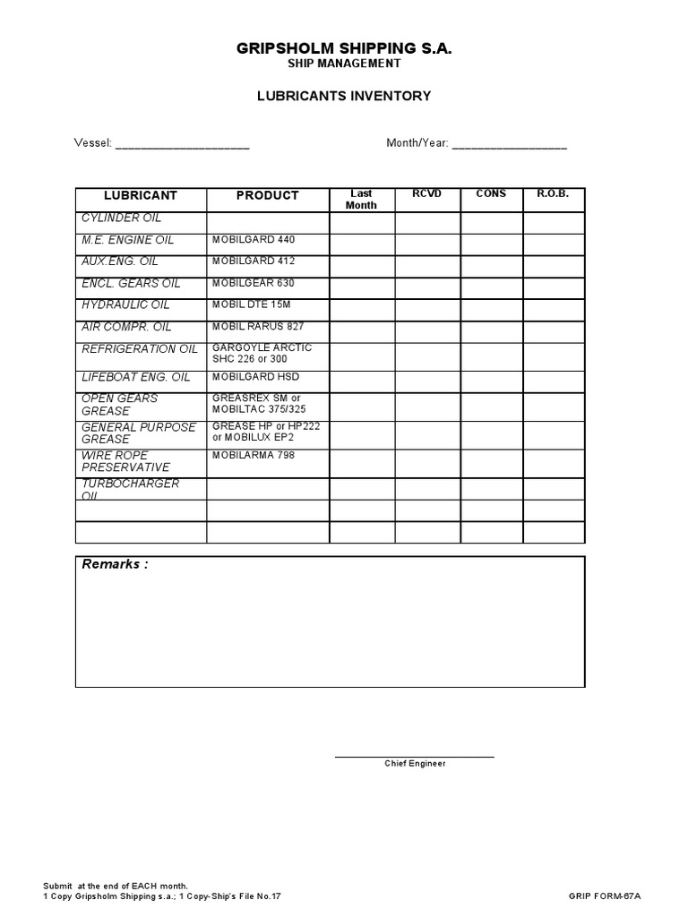 Gripsholm Shipping S.A.: Lubricants Inventory | PDF