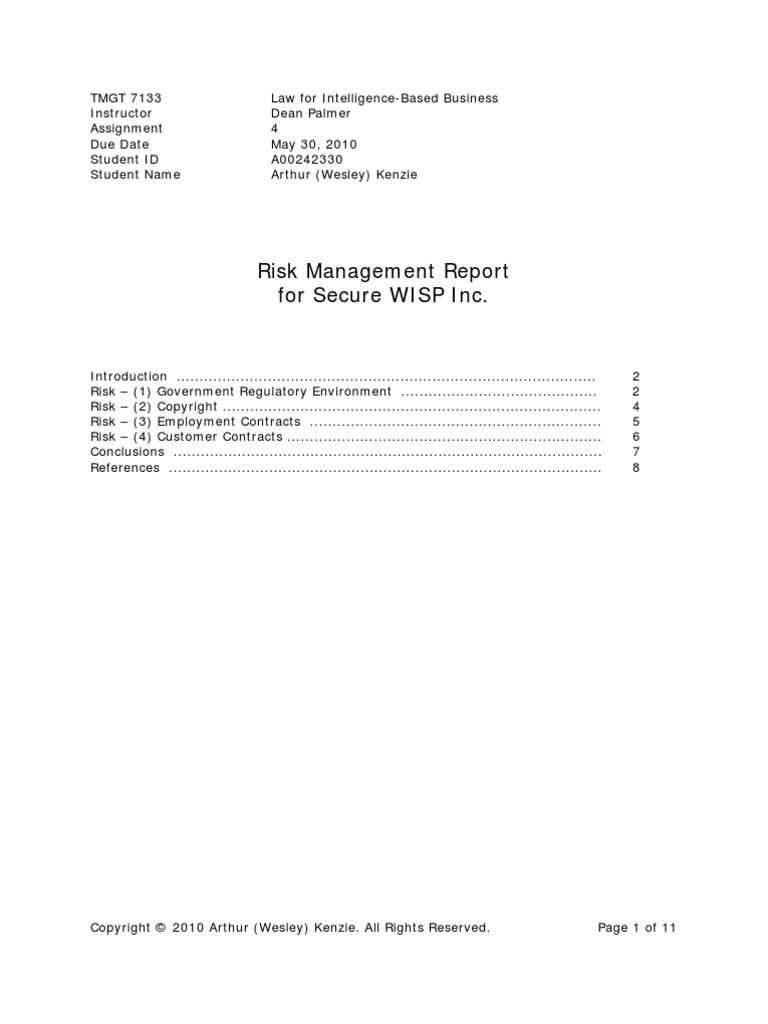 BCIT TMGT 7133 Risk Management Report by Wesley Kenzie May 2010 | PDF ...