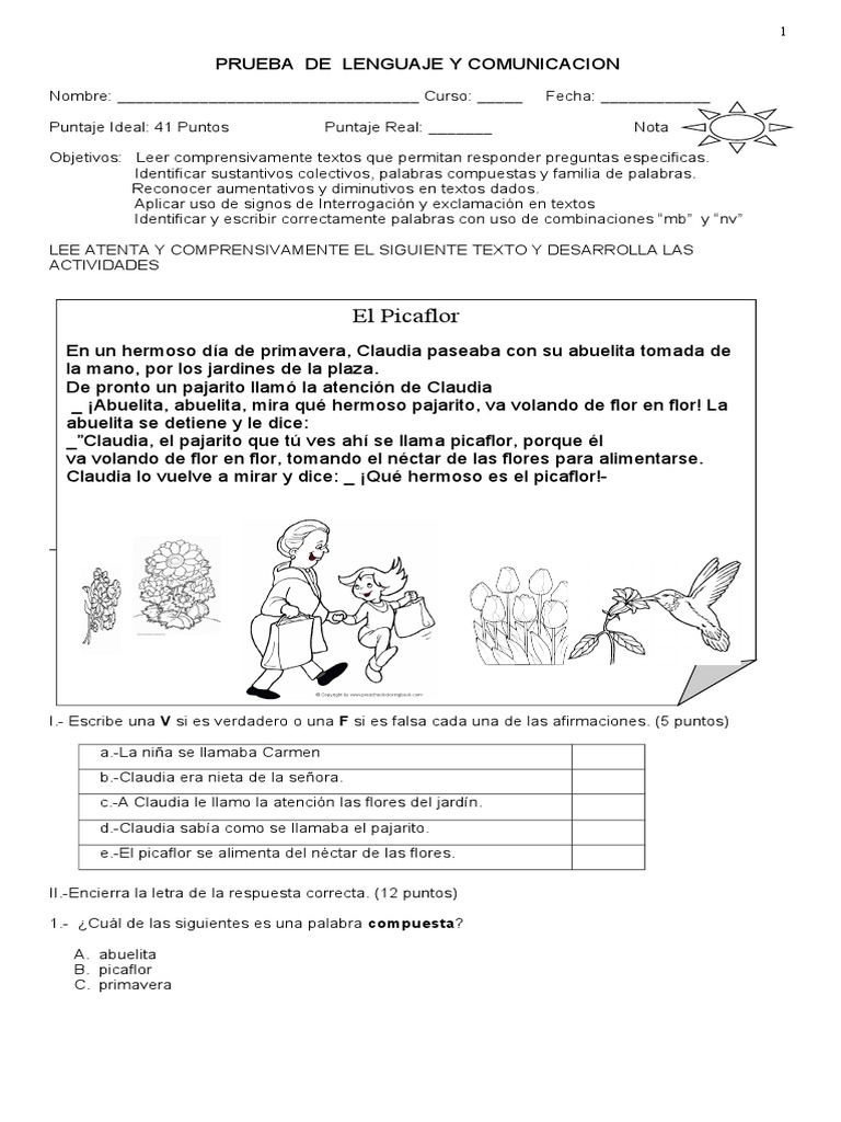 Prueba de Lenguaje Primero Basico | PDF | Vacas
