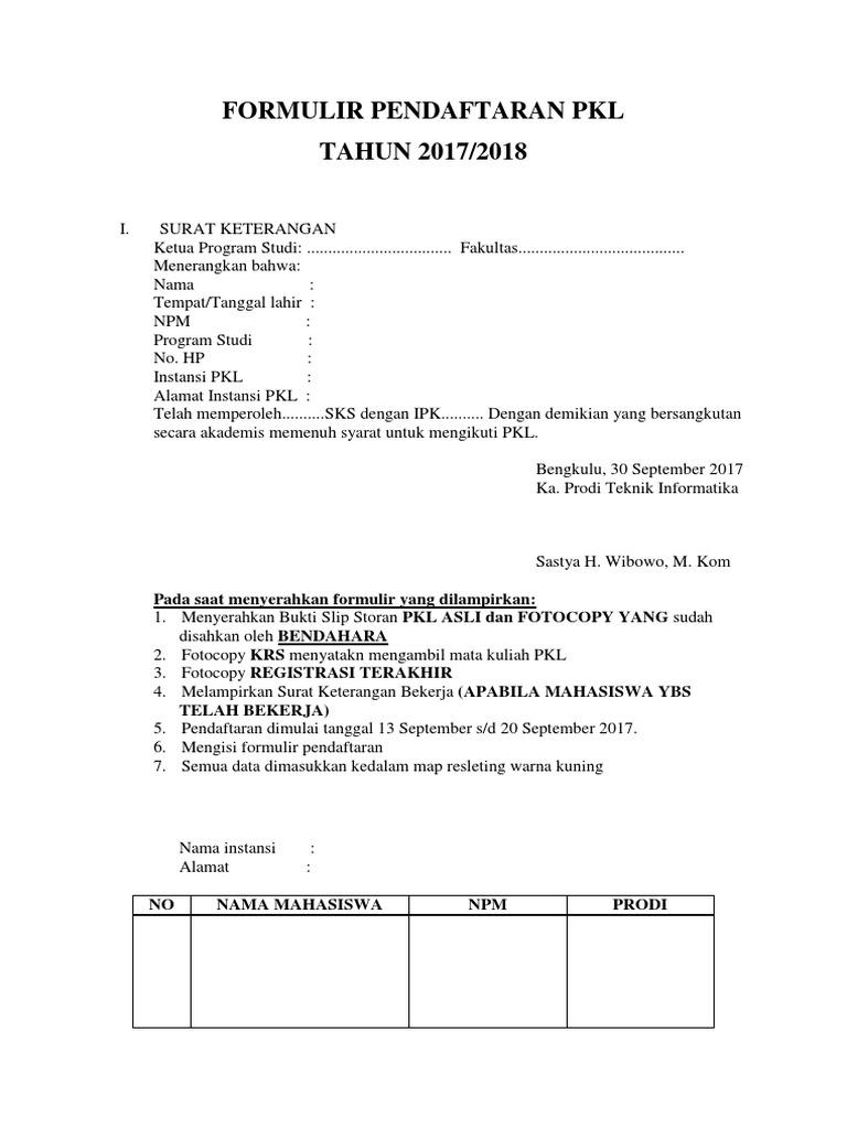 Formulir Pendaftaran PKL | PDF