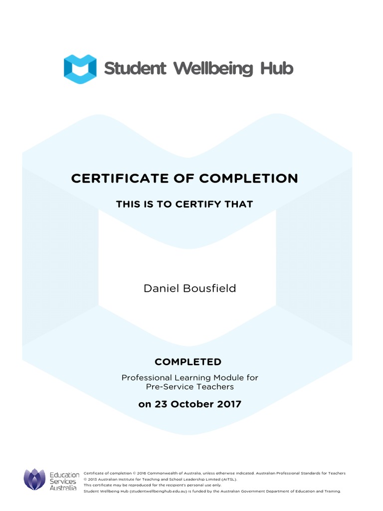 Certificate of Completion: Daniel Bousfield | PDF | Educational ...