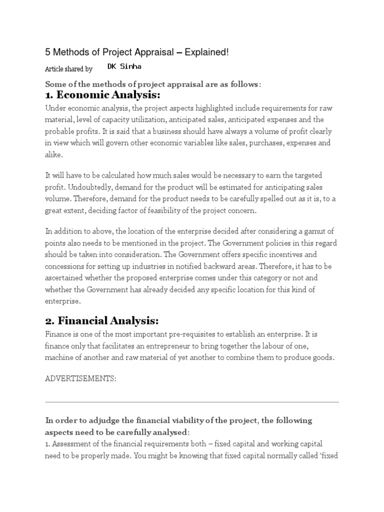 5 Methods of Project Appraisal | PDF | Fixed Capital | Capital (Economics)