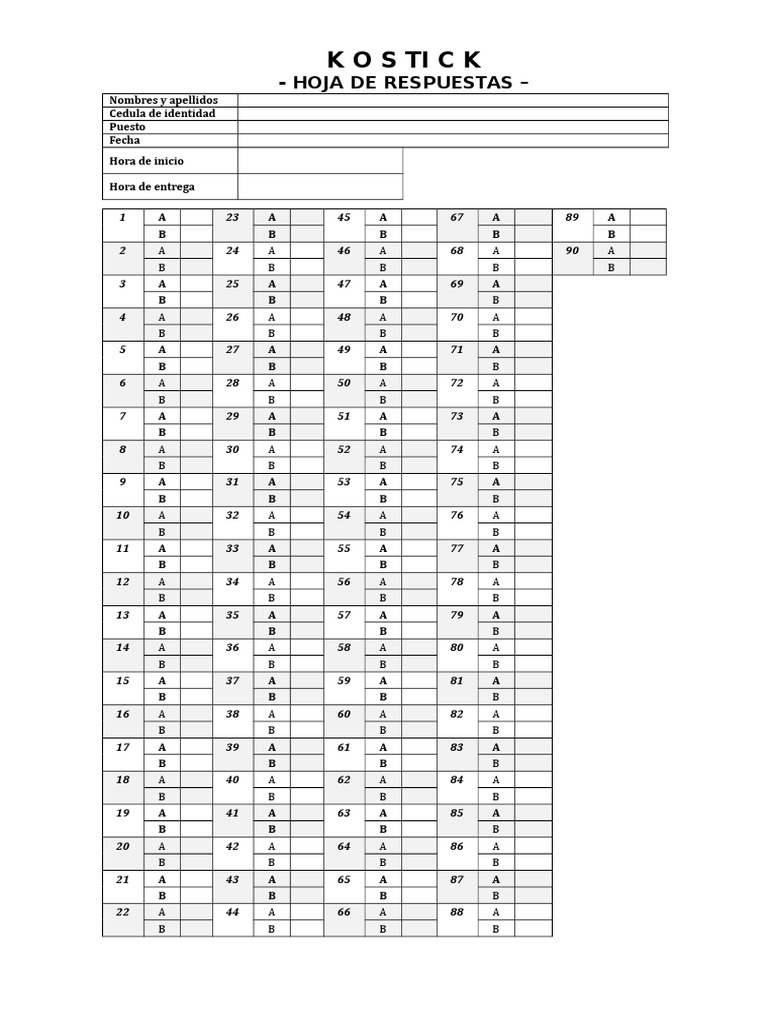 Hoja de Respuestas Kostick para Imprimir | PDF