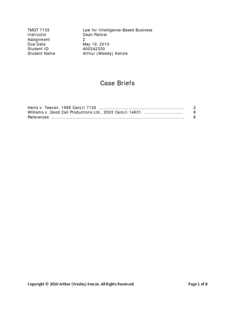BCIT TMGT 7133 Legal Case Briefs by Wesley Kenzie May 2010 | PDF ...