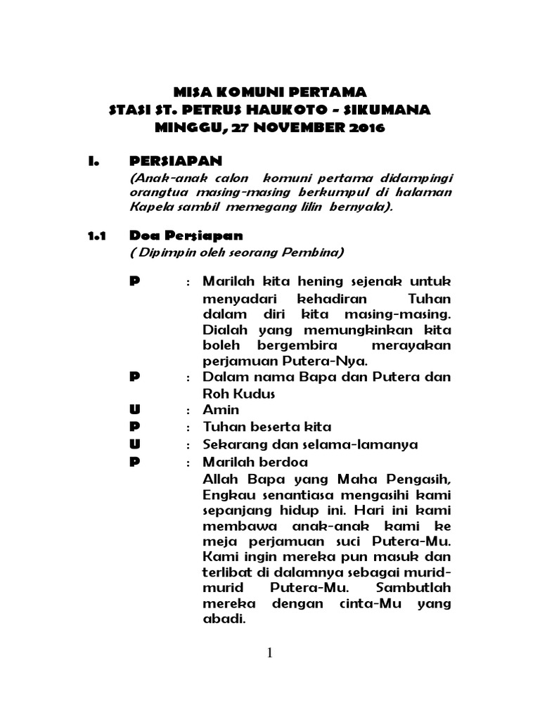 Tata Perayaan Ekaristi Komuni Pertama Print | PDF