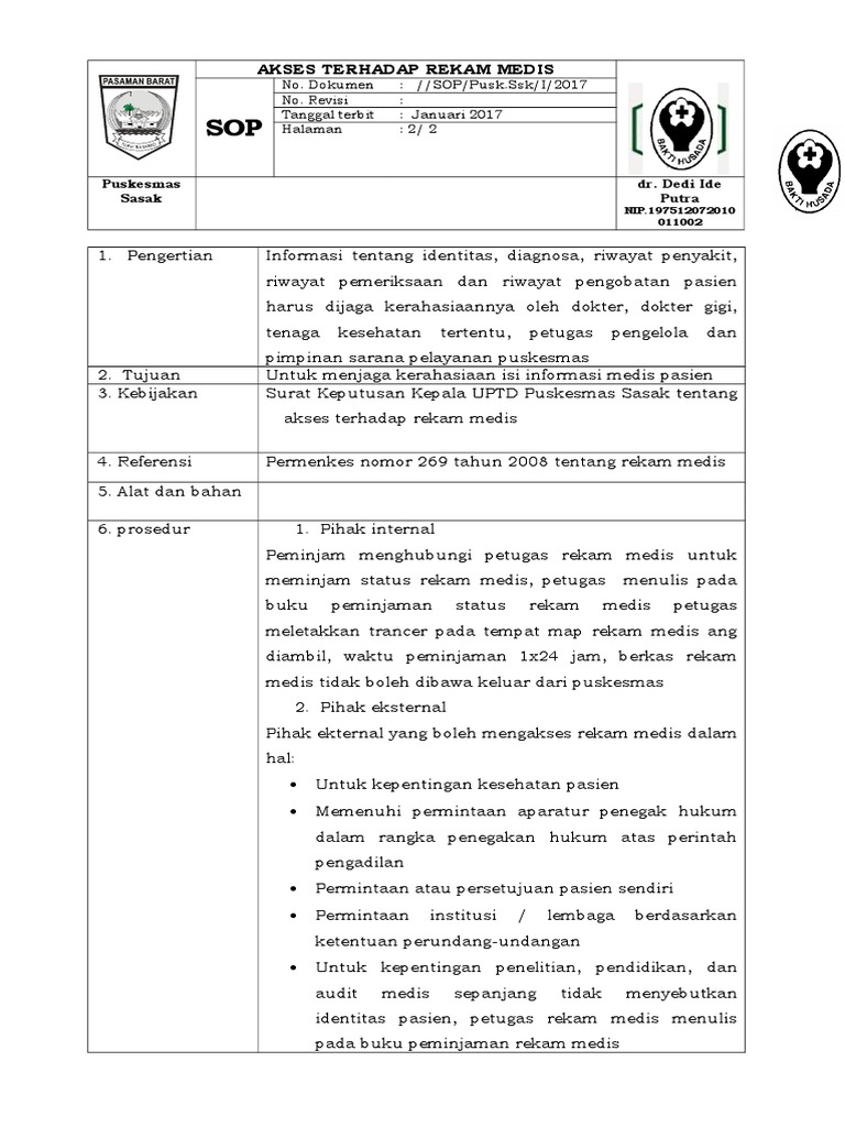 Sop Akses Terhadap Rekam Medis BAB 8 | PDF