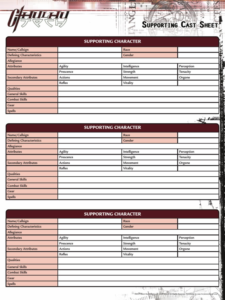 CthulhuTech - Supporting Cast Sheet PDF | PDF | Tabletop Games | Role ...