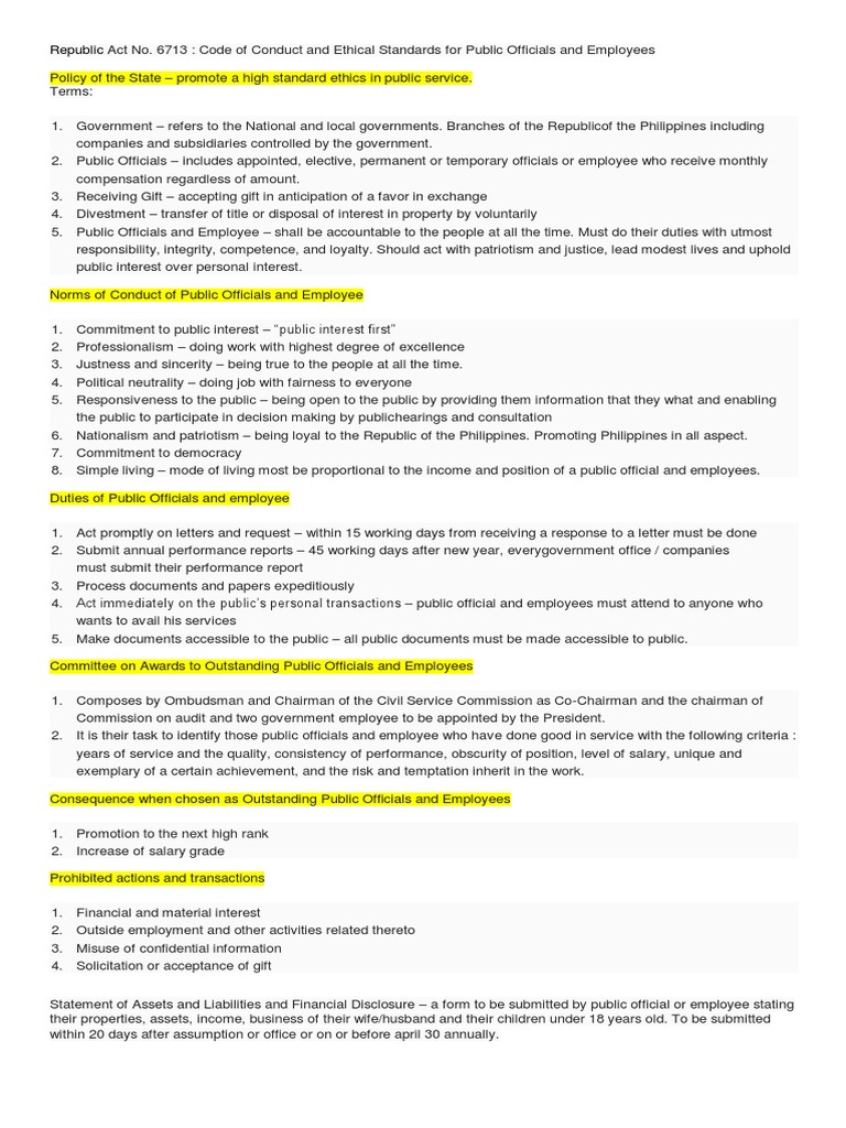 Notes on Ra 6713 | Employment | Government | Free 30-day Trial | Scribd