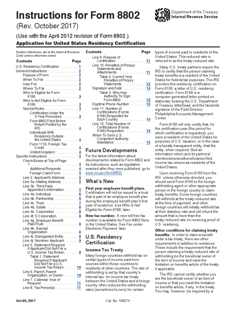 Instructions For Form 8802: (Rev. October 2017) | PDF | Permanent ...