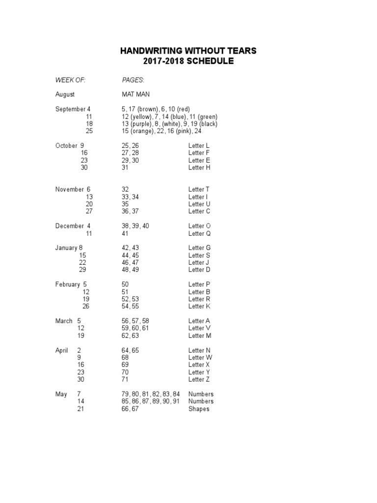 Handwriting Without Tears 2017-2018 Schedule | PDF
