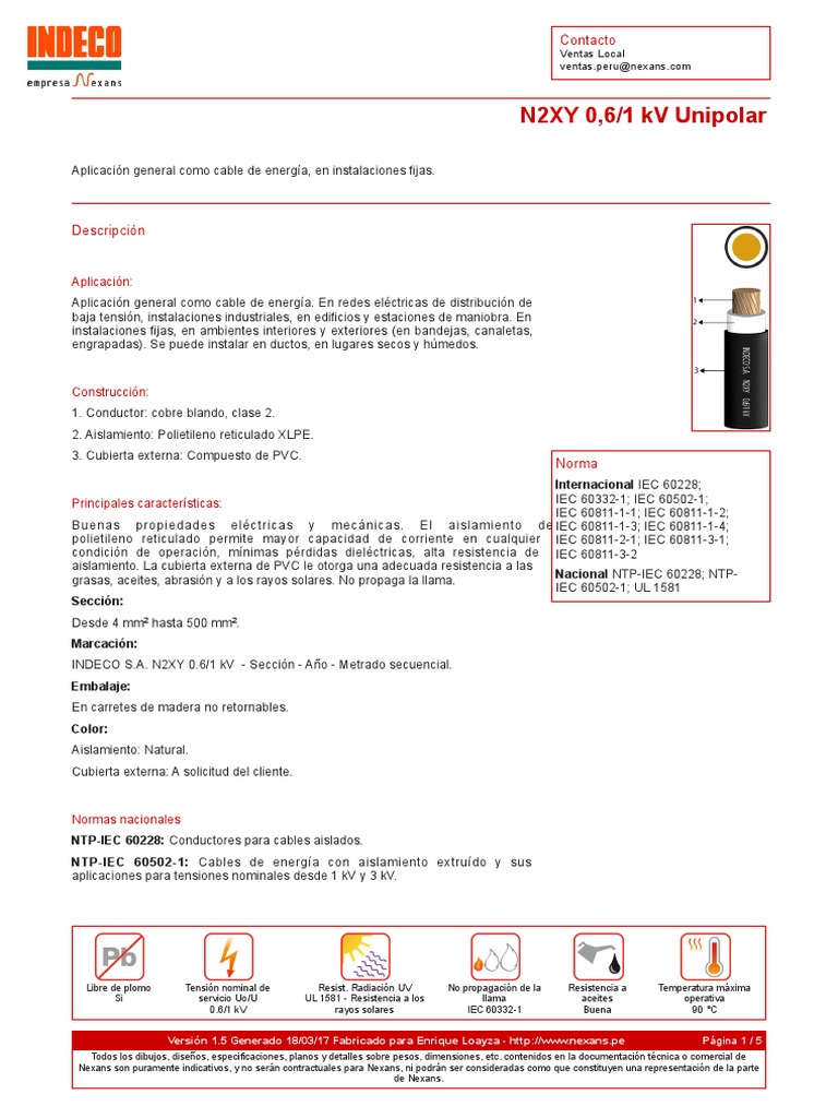 N2XY 0 6 1 KV Unipolar PDF | PDF | Resistencia Eléctrica y Conductancia ...