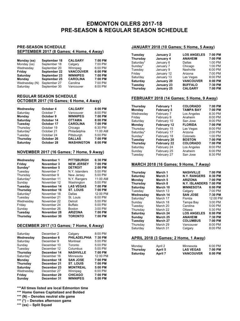 Edmonton Oilers 2017-18 Pre-Season & Regular Season Schedule | PDF ...