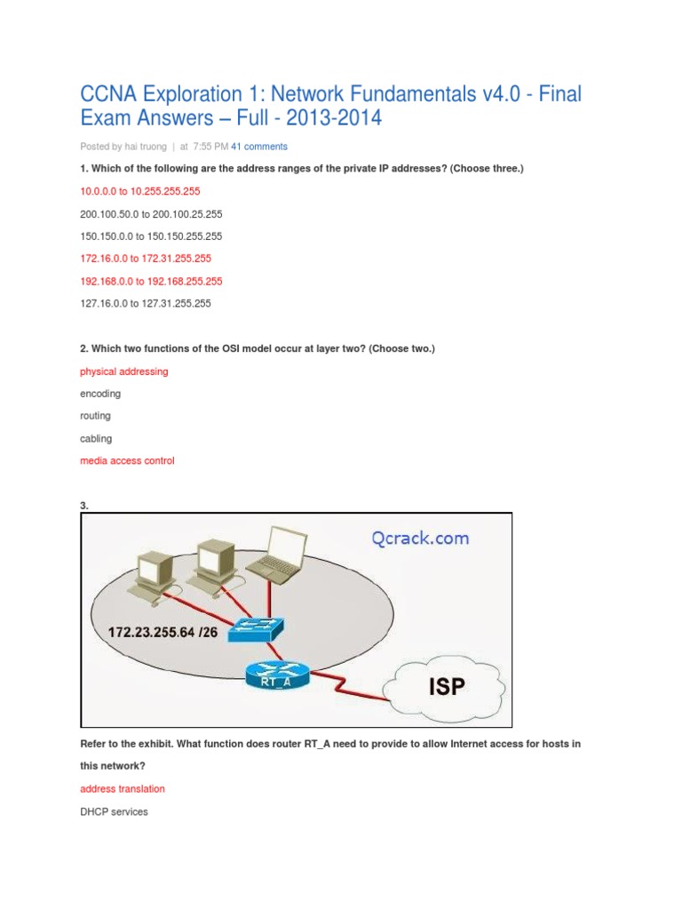 CCNA Exploration 1: Network Fundamentals v4.0 - Final Exam Answers - Full - 2013-2014 | PDF ...