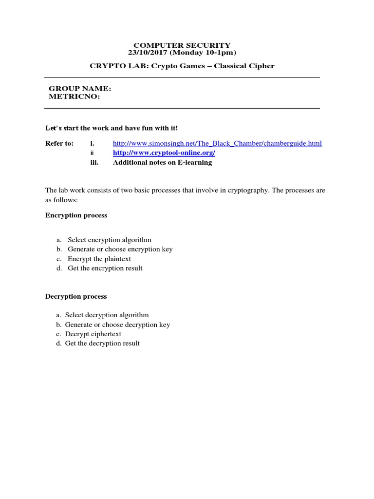 Computer Security 23/10/2017 (Monday 10-1pm) CRYPTO LAB: Crypto Games - Classical Cipher | PDF ...