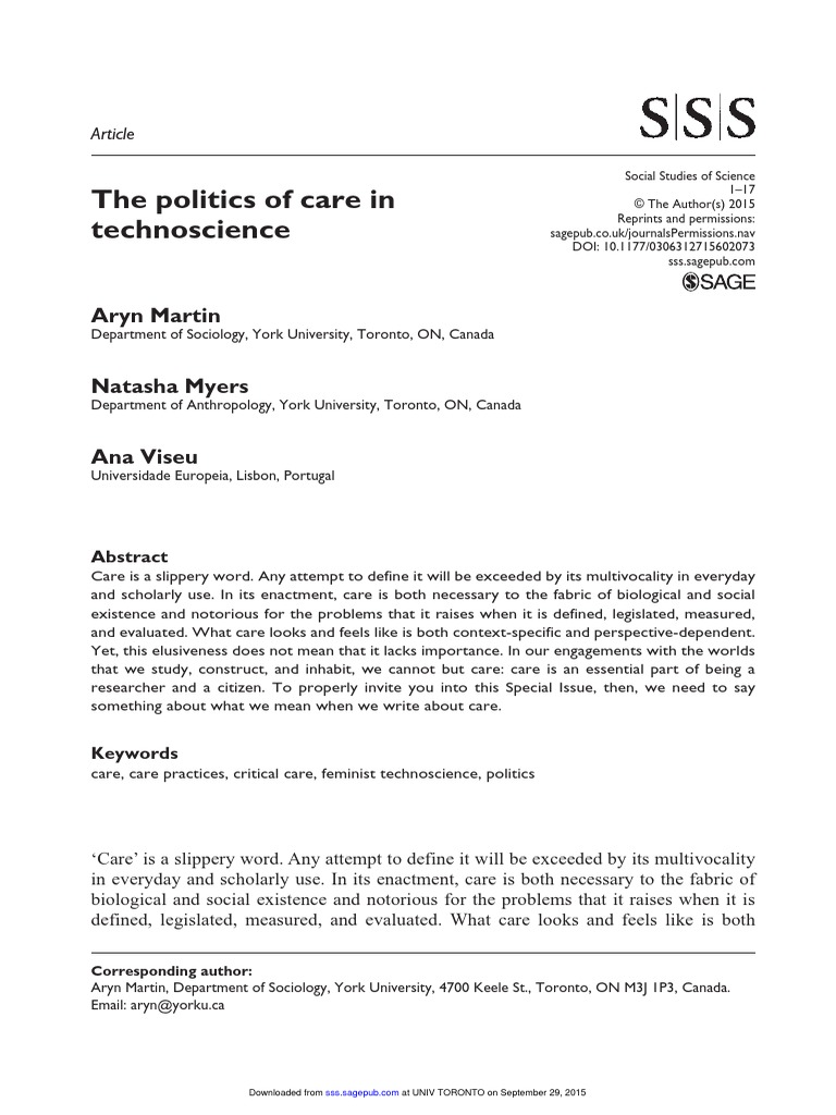 The Politics of Care in Technoscience in | PDF | Science | Feminism