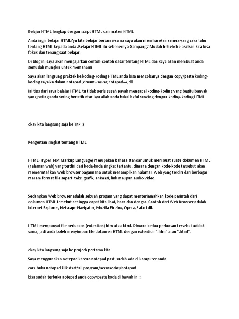 Belajar HTML Lengkap Dengan Script HTML Dan Materi HTML | PDF