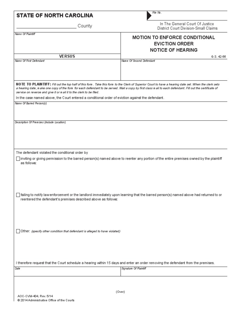 Motion to Enforce Conditional Eviction Order and Notice of Hearing ...