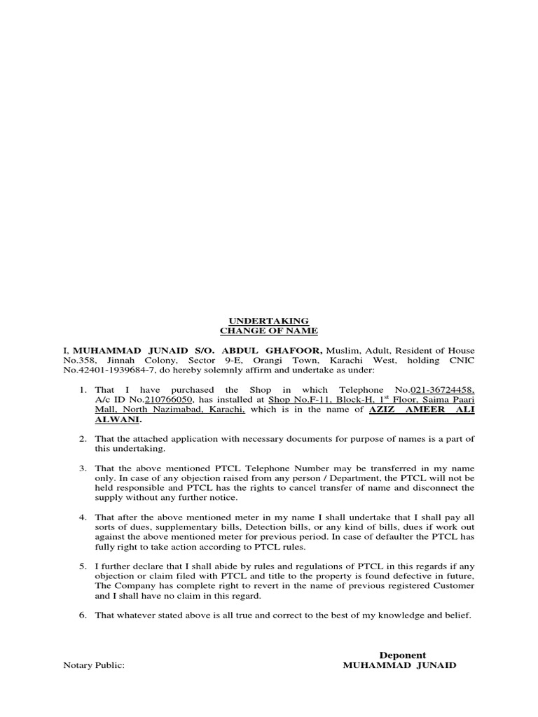 Undertaking - Name Change For Telephone | PDF | Notary Public | Civil ...