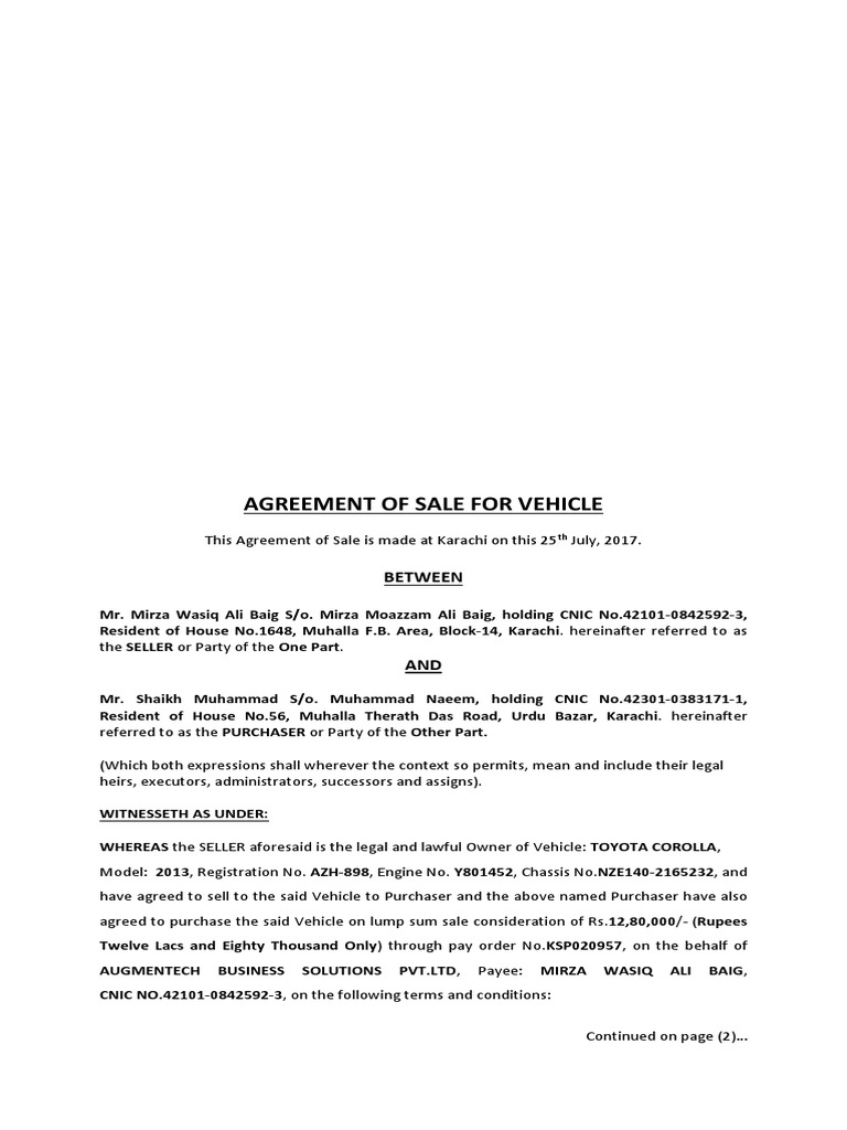 Auto Sale Agreement Template