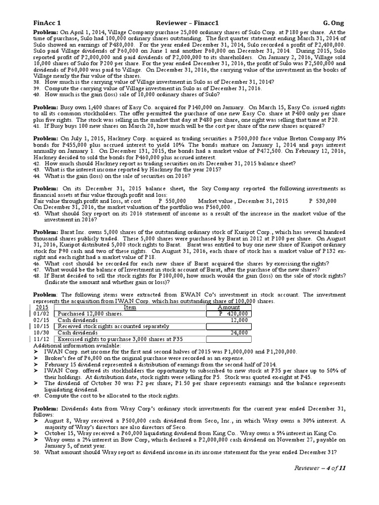 Finacc 1 Reviewer - Finacc1 G. Ong: Problem | PDF | Stocks | Dividend
